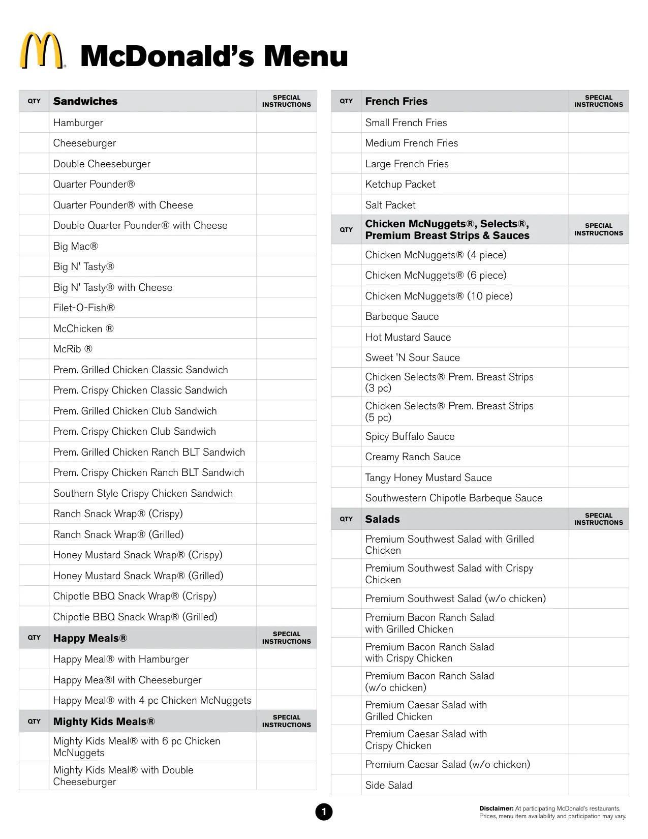 McDonalds Menu | PDF | Chesser Resources