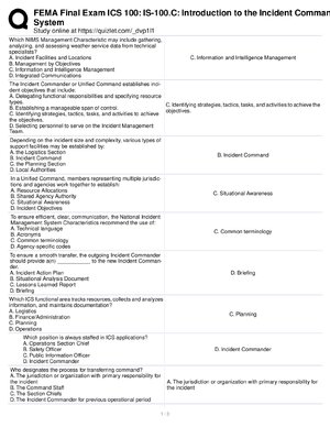 FEMA Final Exam ICS 100 IS 100.C Introduction To The Incident Command ...