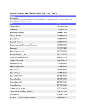 Grand Theft Auto IV The Ballad Of Gay Tony Cheats Codes | PDF