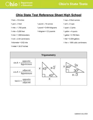 Ohio State Test Reference Sheet High School | PDF