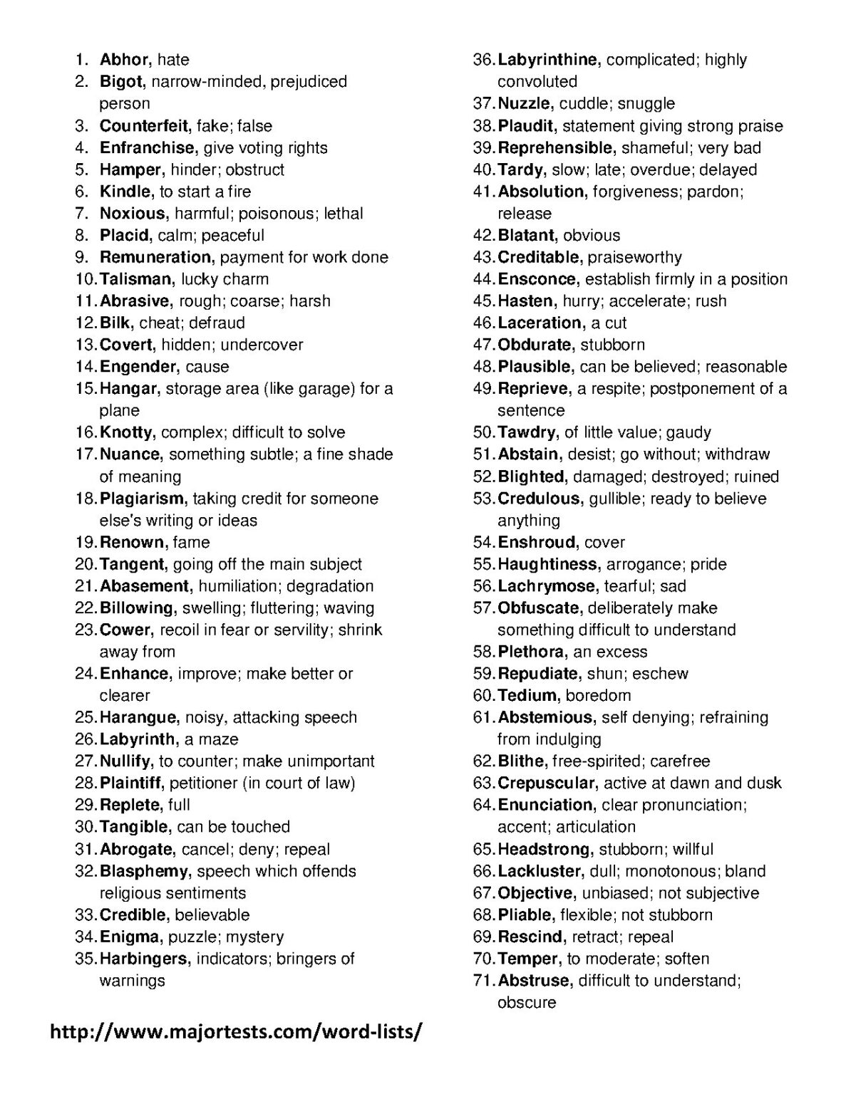 Advanced Vocabulary Word List - PDF Download